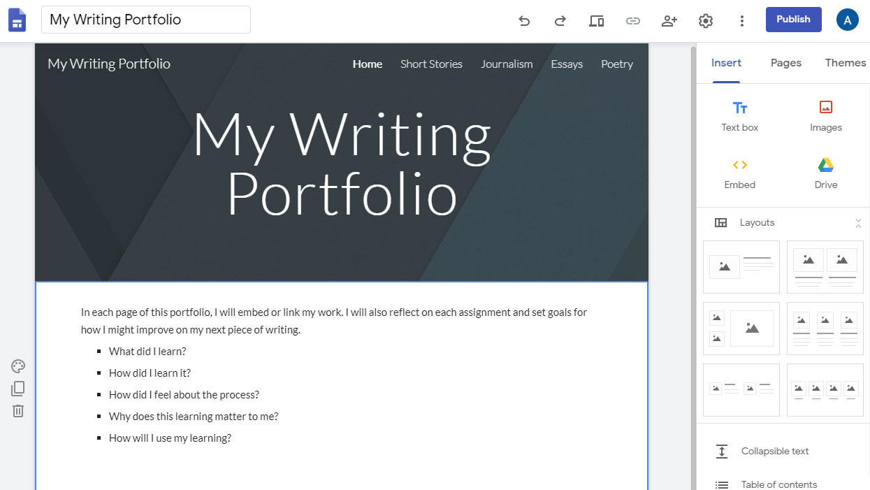 Google Sites Eportfolio Template